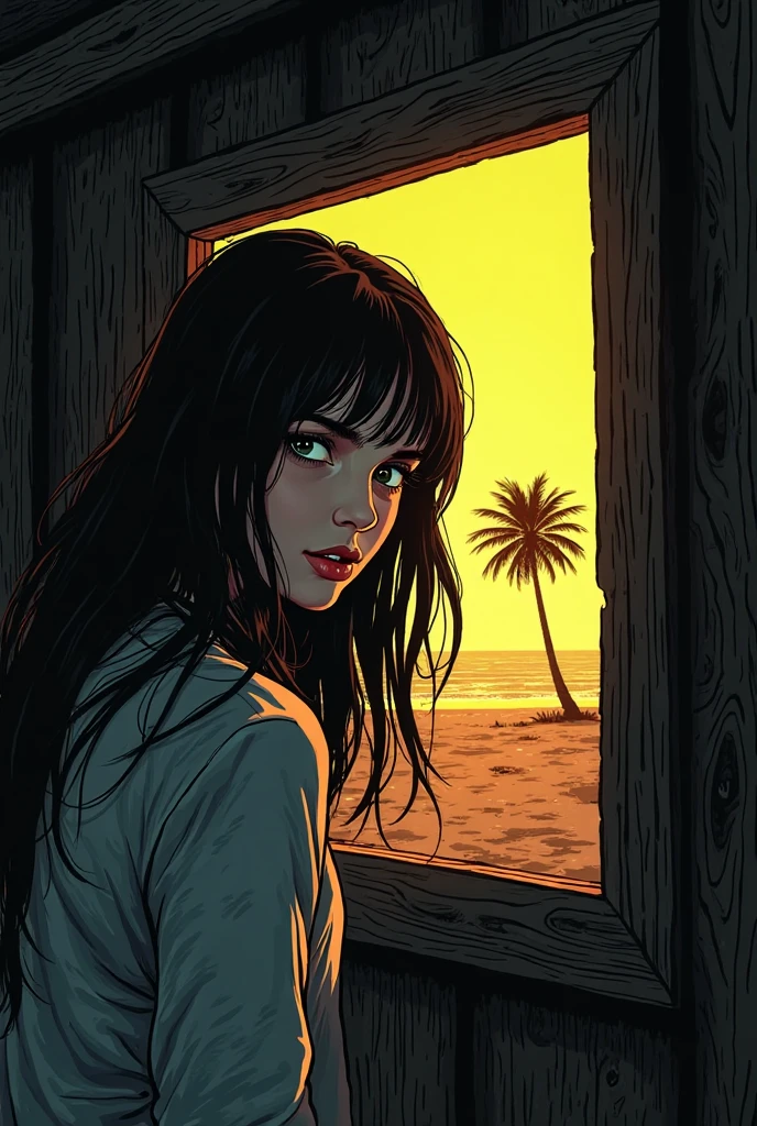"Horror comic style illustration. Young woman (around 20), curious ...