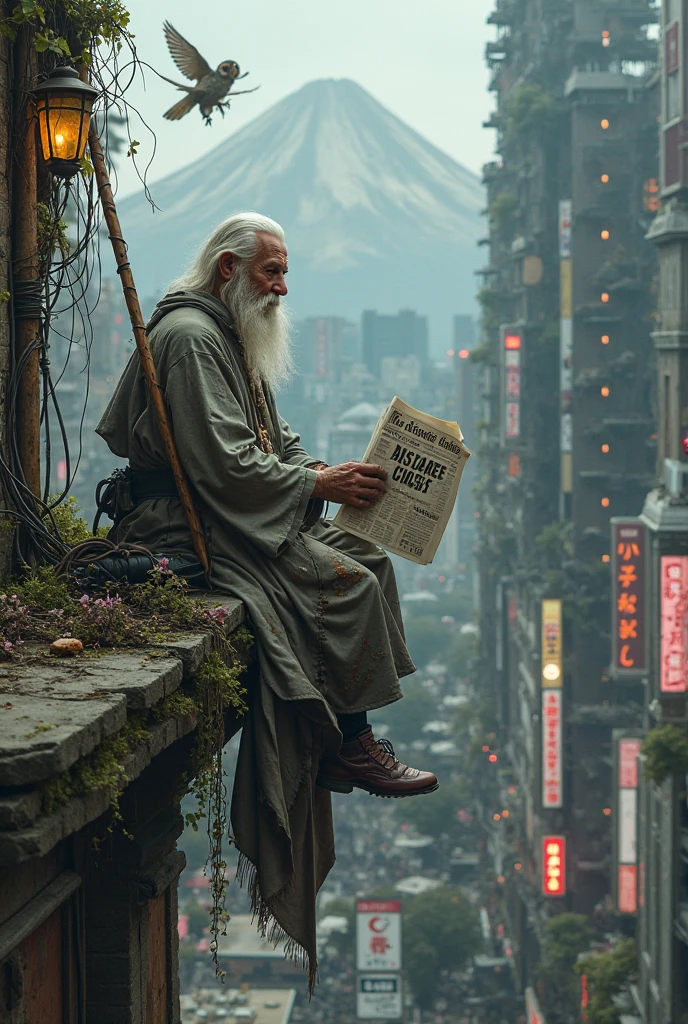 > A retired wizard sitting on the ledge of a ruined high-rise in post ...