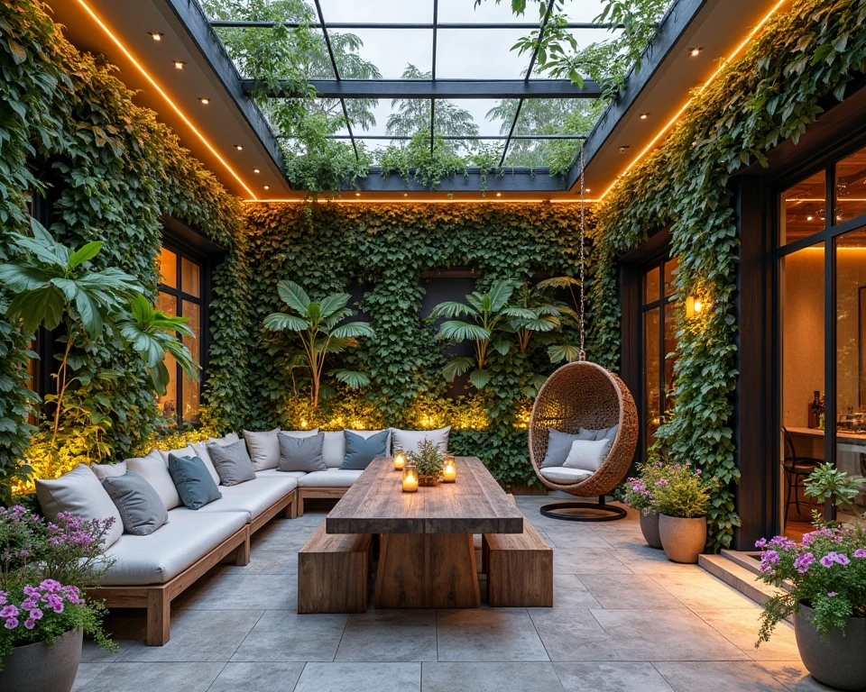 "A spacious rooftop terrace with a solid, closed ceiling (not open ...