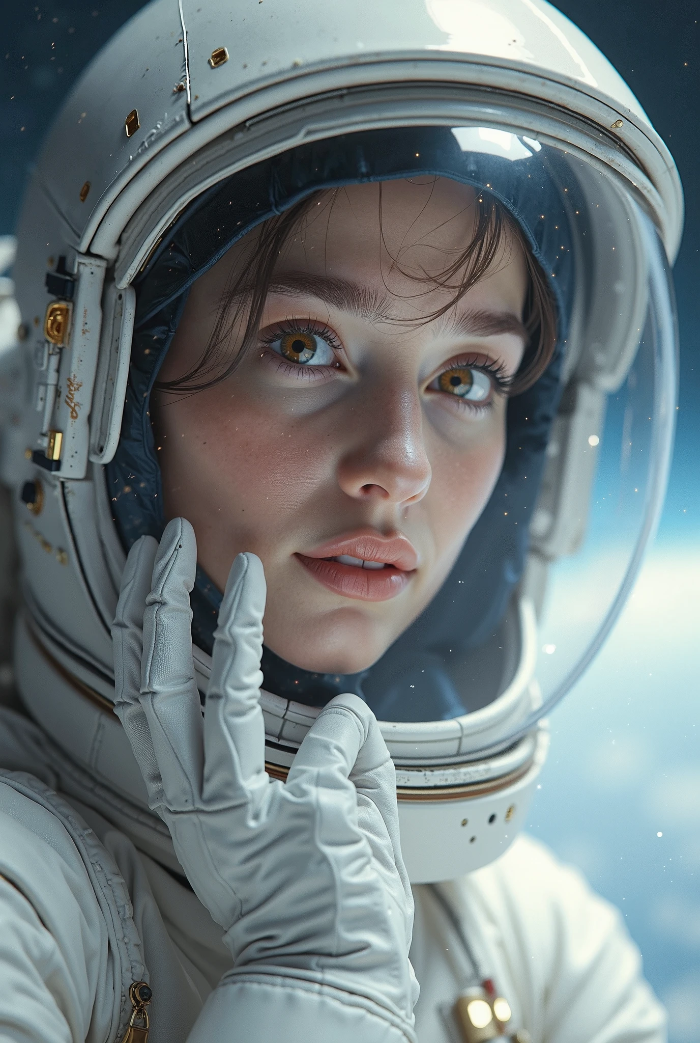 A female cosmonaut taking in very beautiful space. She has a white ...