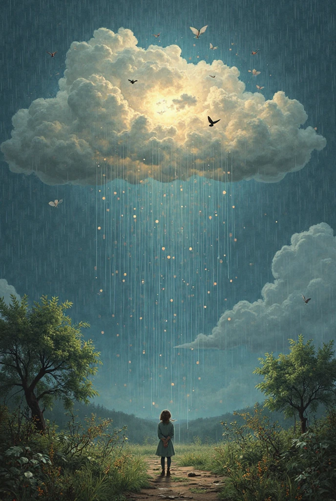 A cloud with rain coming and a rain falling birds going to the branch ...