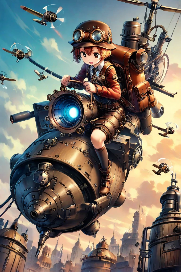 Steampunk Style、orange wave short hair、Goggles、carry a mechanical backpack - SeaArt AI