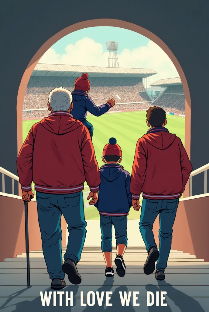 A stylized digital illustration showing four male football fans of ...