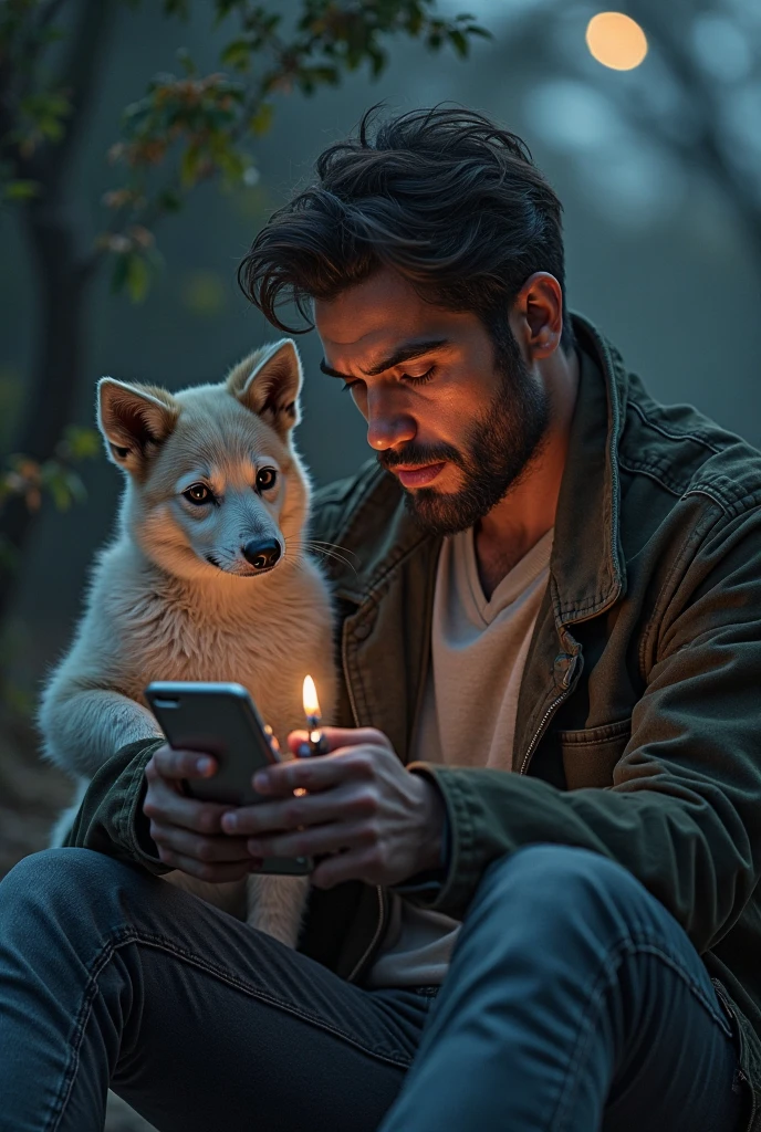 A man is sitting next to Maguda with a phone in his hand and is ...