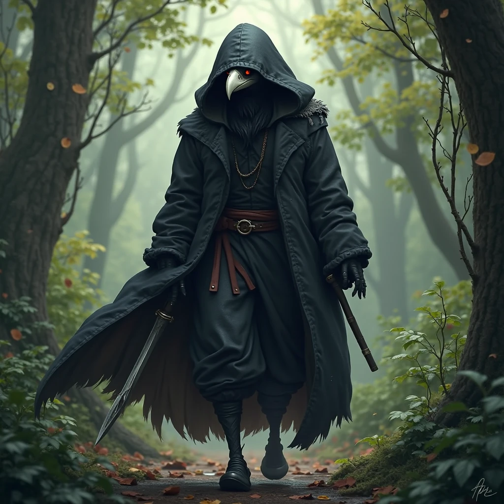 Kenku is a rogue in a fantasy forest style black feathers in a hooded ...