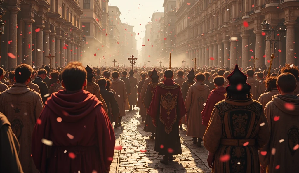 The Roman crowd moved during the solemn procession of 1866, with petals ...