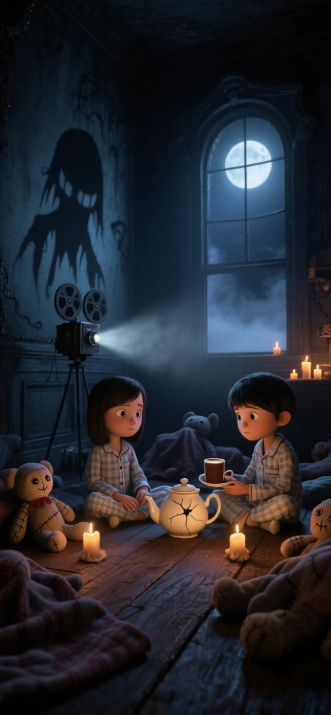 A dark and surreal pajama party at night in an eerie, old mansion ...
