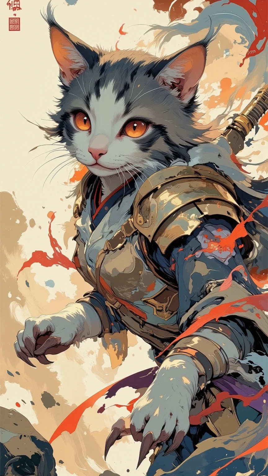 Animal,in a dynamic motion,cat,samurai - SeaArt AI