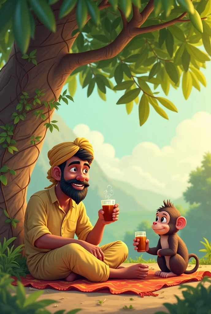 “Under the leafy bel vine, the farmer and the monkey are sitting on a ...