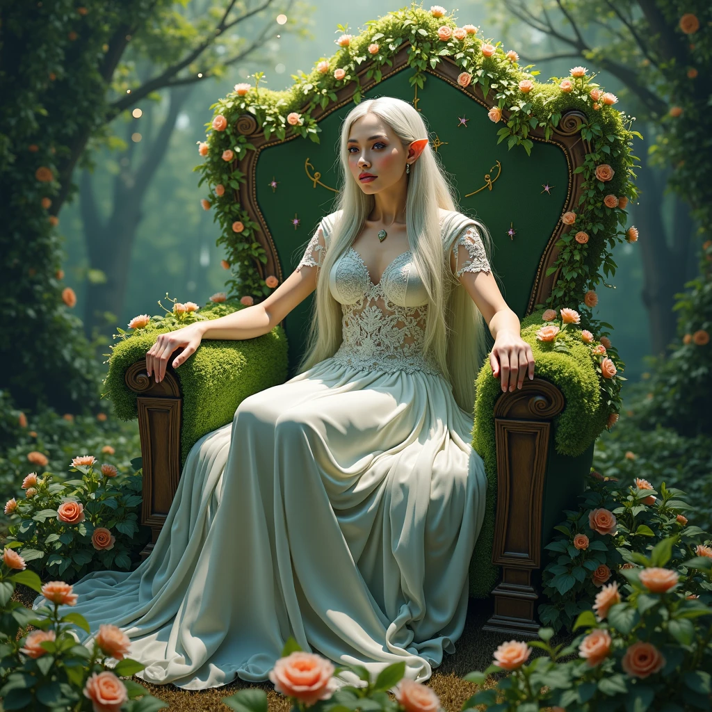 Elvish Princess sitting on a throne of branches, leaves, and flowers ...