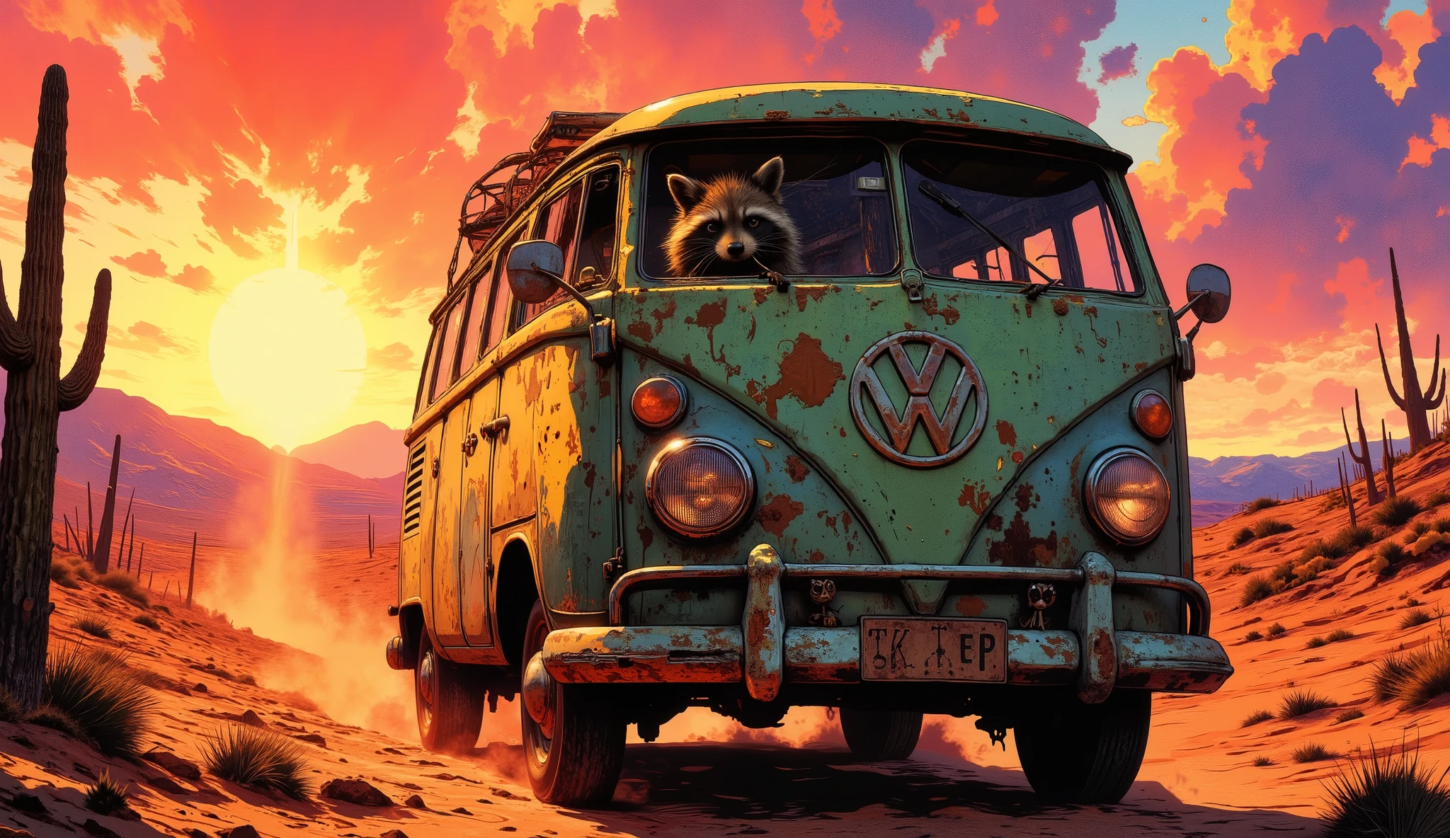 A rusty VW bus from outside. The driver is a raccoon. landscape desert ...