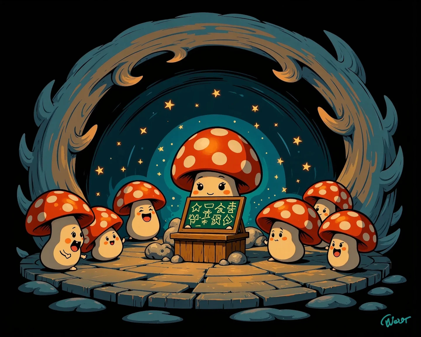 Kinoko-chan style,Inside the mushroom cave where glowing spores dance - SeaArt AI