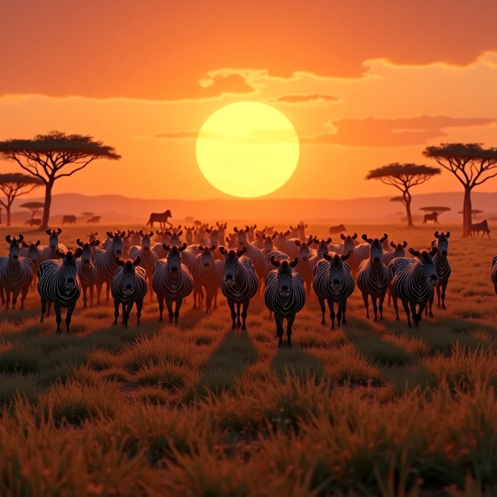 “Vast Serengeti savanna under golden sunset, herds of wildebeest and ...