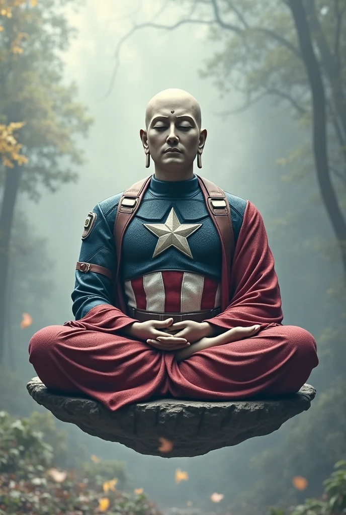 A levitating and meditative bald Buddha disguised in the costume of ...