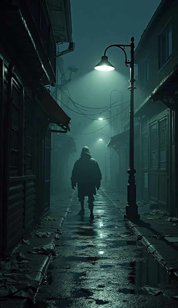 Generate a darkened, ominous street corner, with an empty streetlamp ...