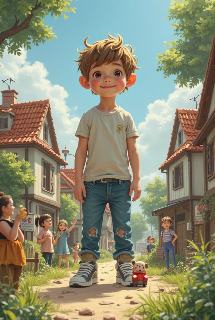 child standing in the middle of a peaceful village, towering over ...