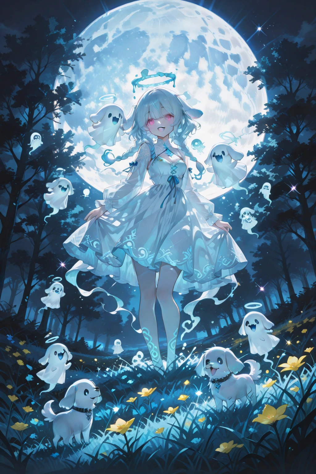 Dynamic lighting. Concept: A spirit girl happily plays with a ghost dog ...