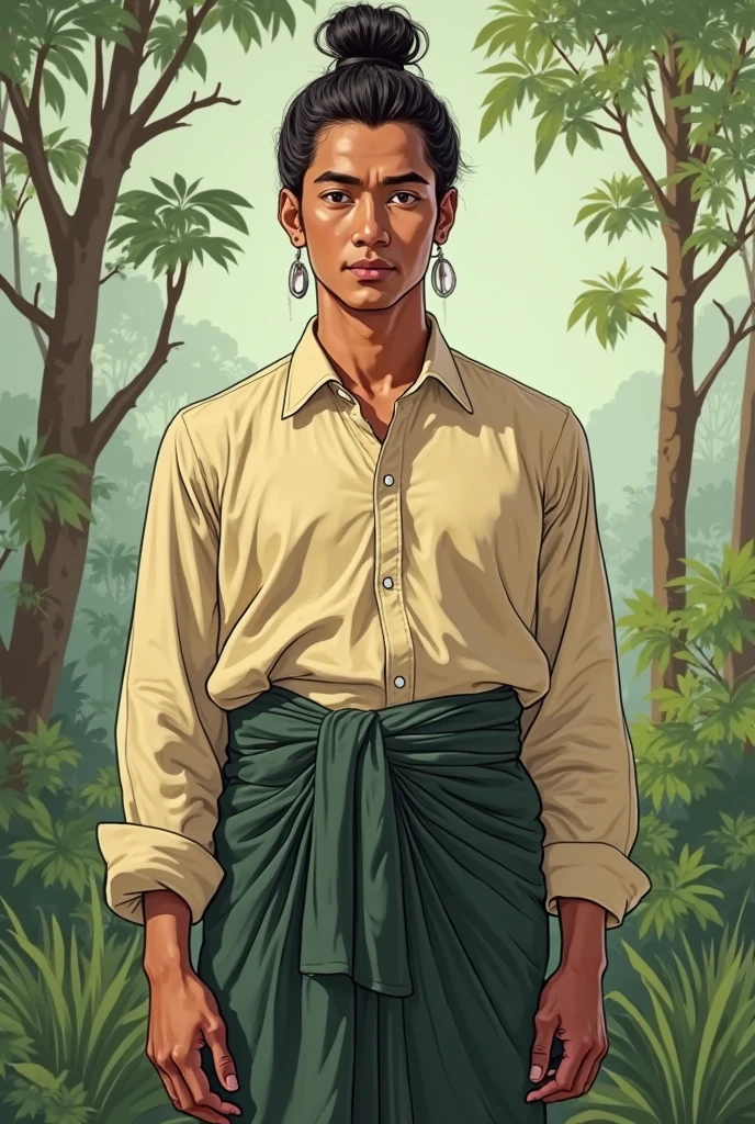 A simple color illustration of a Burmese man with a traditional topknot ...