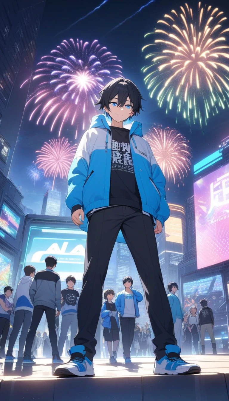 Anime boy, cool guy, a man with short blue and black hair, light blue ...