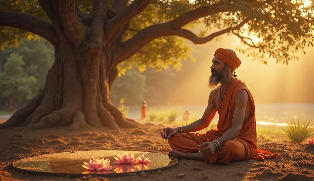 A serene Indian spiritual guru sitting cross-legged under a large tree ...