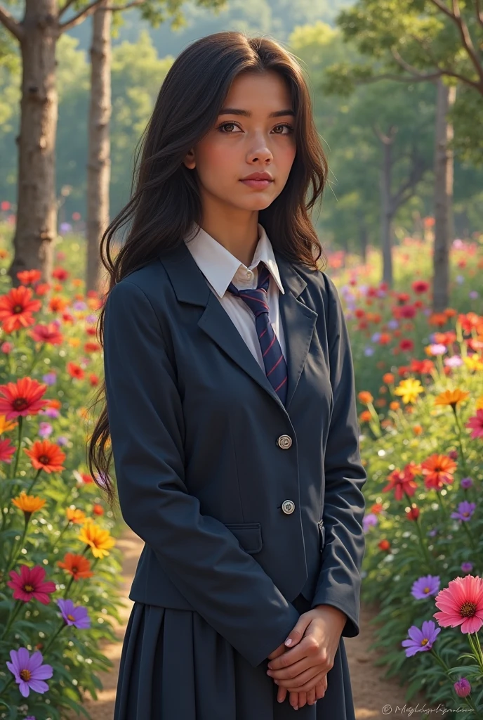 A full-length portrait of a Peruvian student in a school uniform seen ...