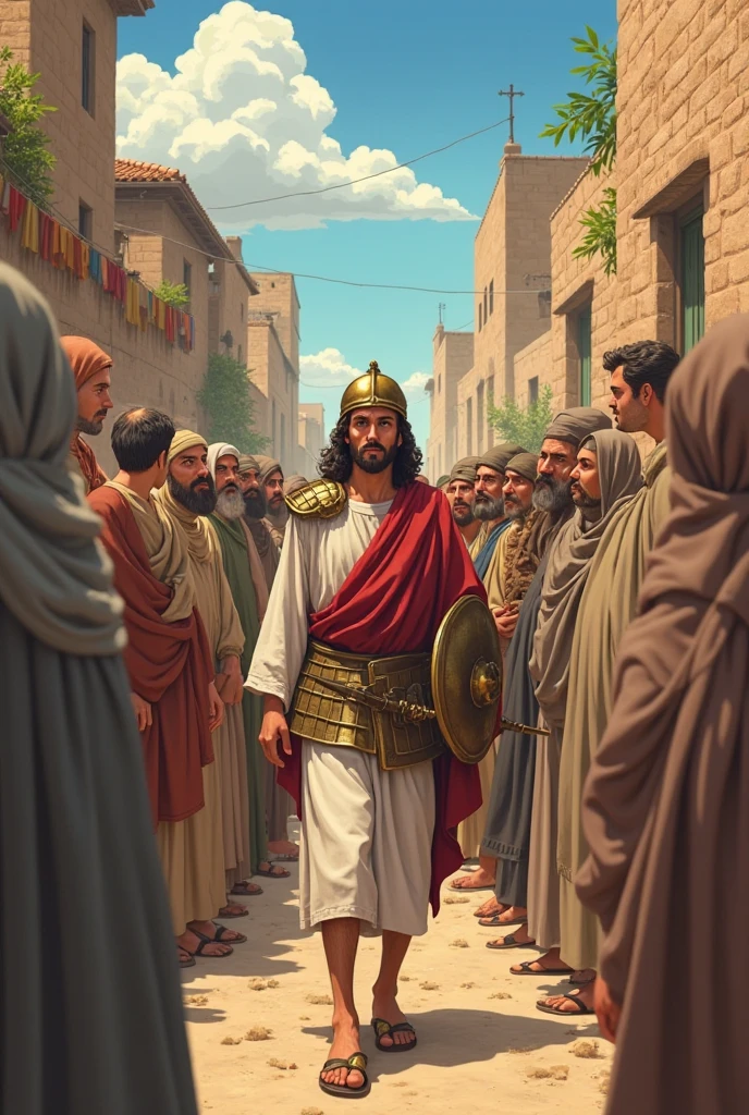 In Studio Ghibli style, Jesus walks steadily through a densely packed ...