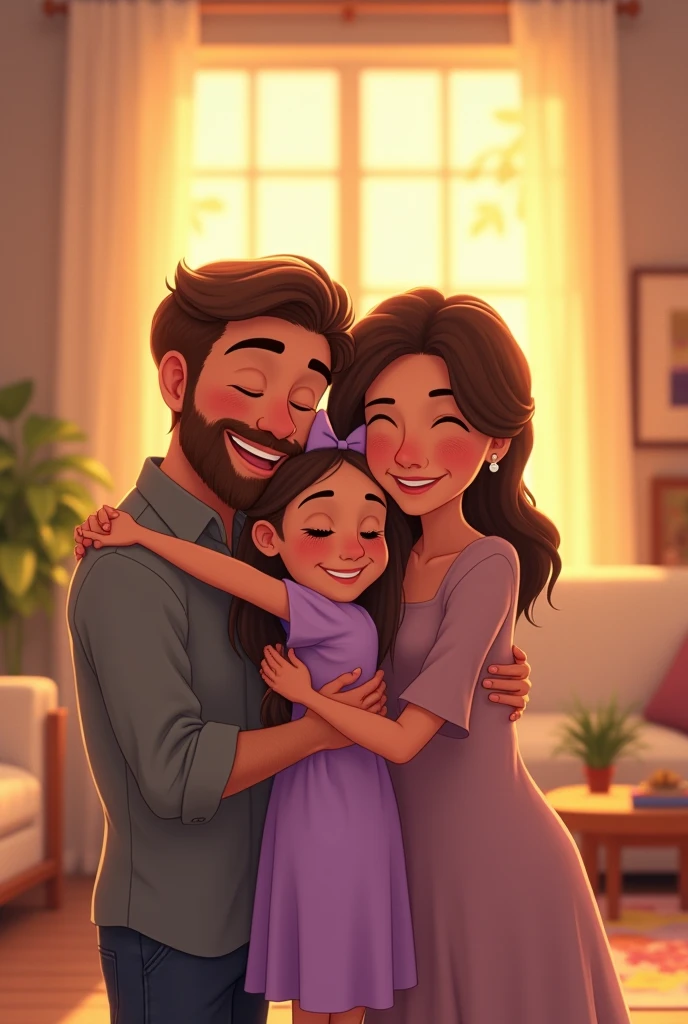 A cartoon of Alina hugs her mom and dad in the living room. All three ...