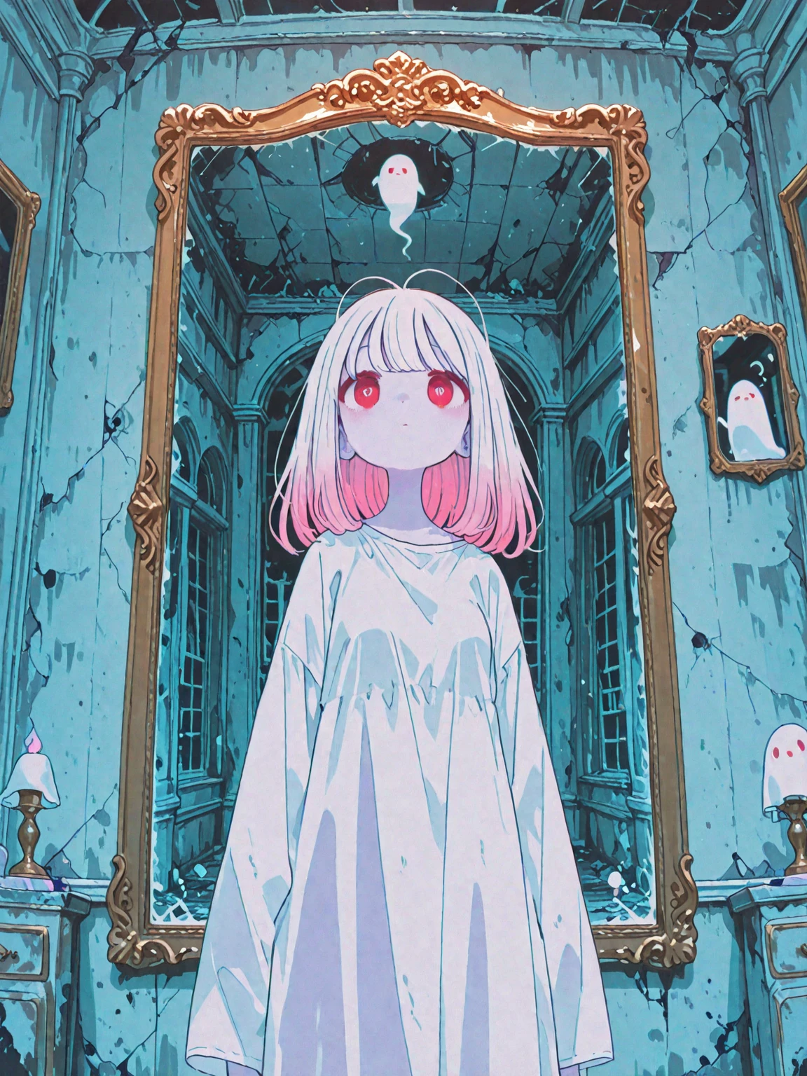 (( low angle)) ghost girl in shabby and unkempt clothes, in an ...