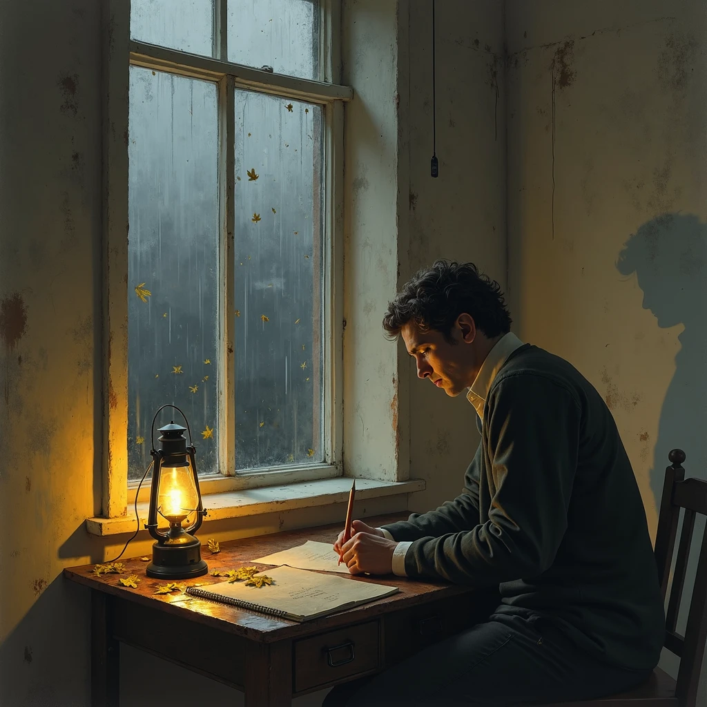 `"Interior of a room with a window. Outside the window is a continuous ...