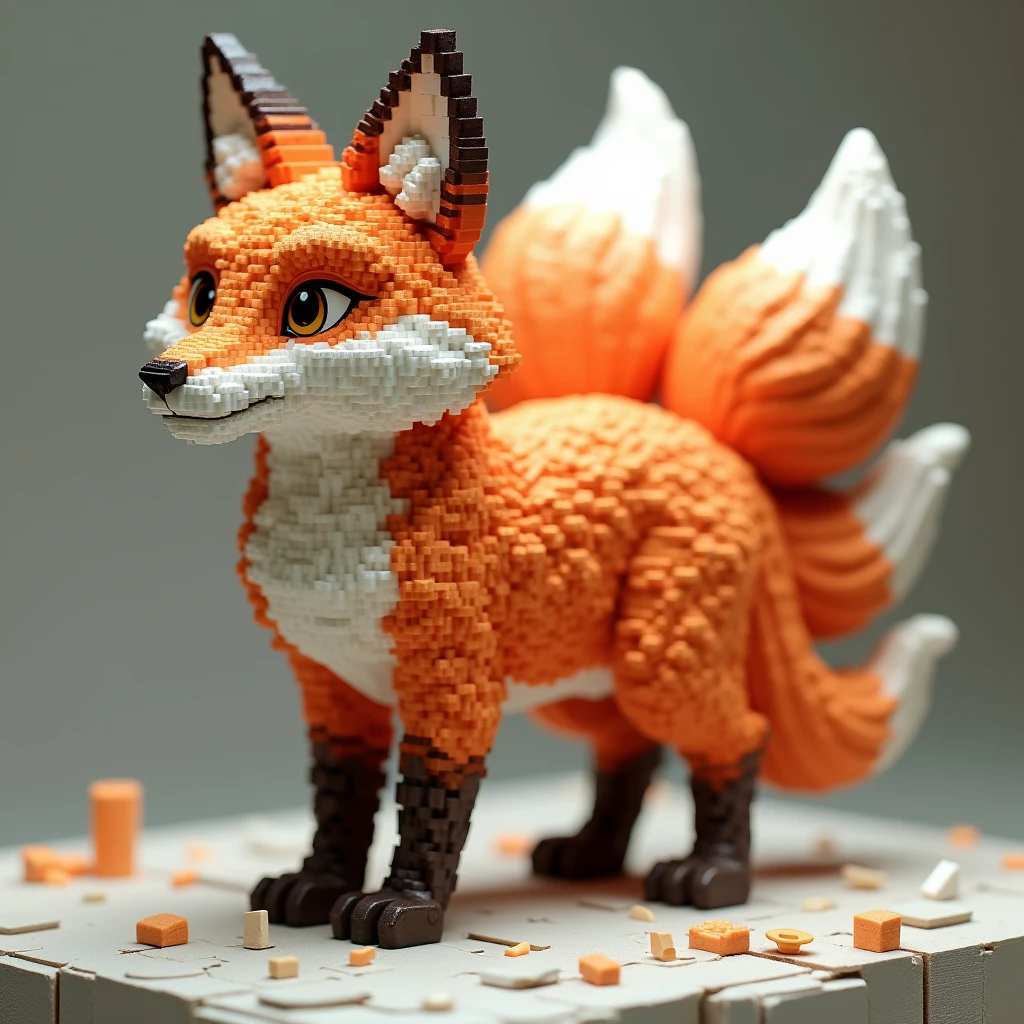 Photorealistic、Miniature、 voxel art 、Godlike fox、It has 9 tails - SeaArt AI