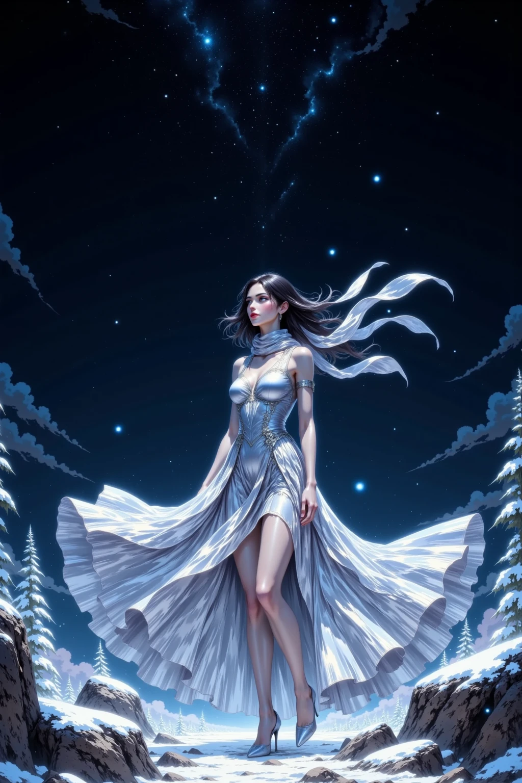 Astro Blooming,under the snowy space、A woman standing on a crystal ...