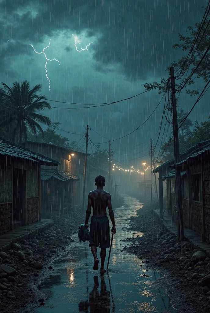 "A heavy downpour on a dark night. A rural Indian village in complete ...