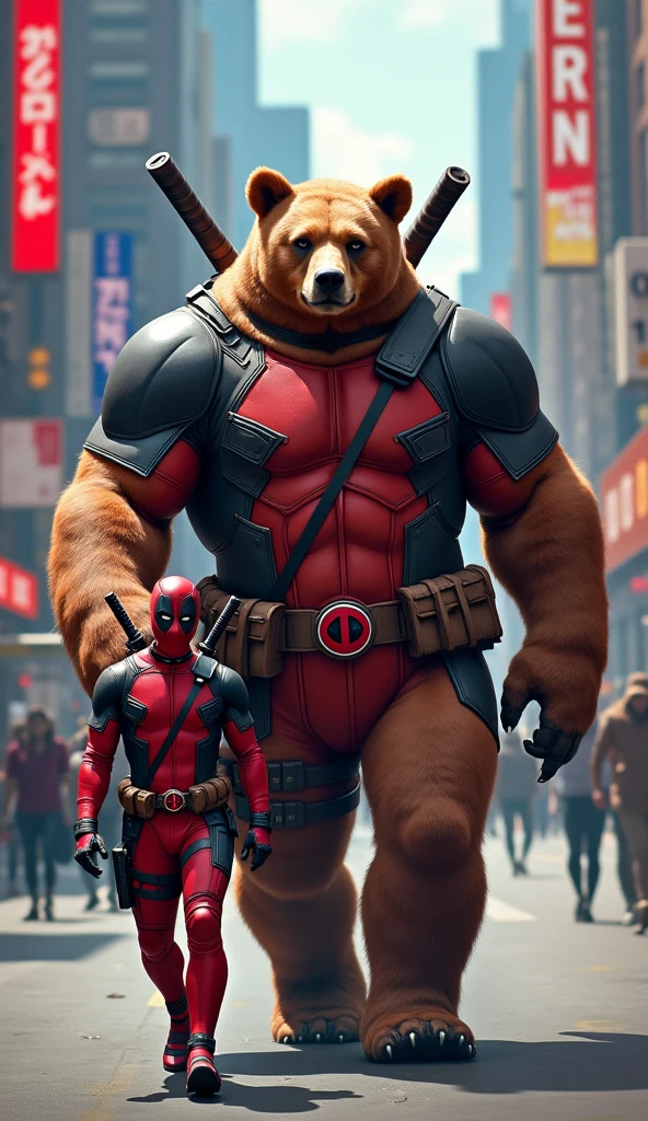 Deadpool walk with a Big Bodyguard Bear dressed exactly like Deadpool ...