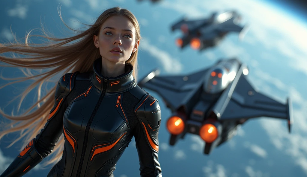 "A hyper-realistic cinematic sci-fi scene featuring a fleet of sleek ...