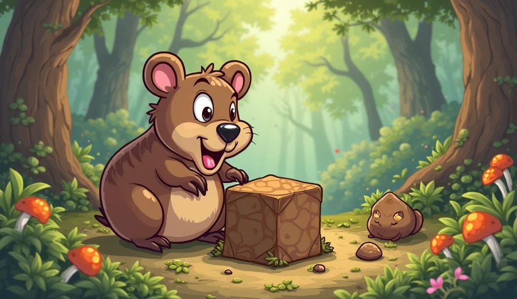 Cartoon wombat happily looking at cube-shaped poop in the forest ...