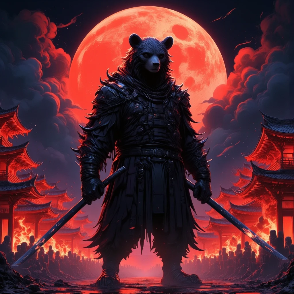 God of Bears, Standing on two legs, Samuraï Bear, 2 black swords of ...