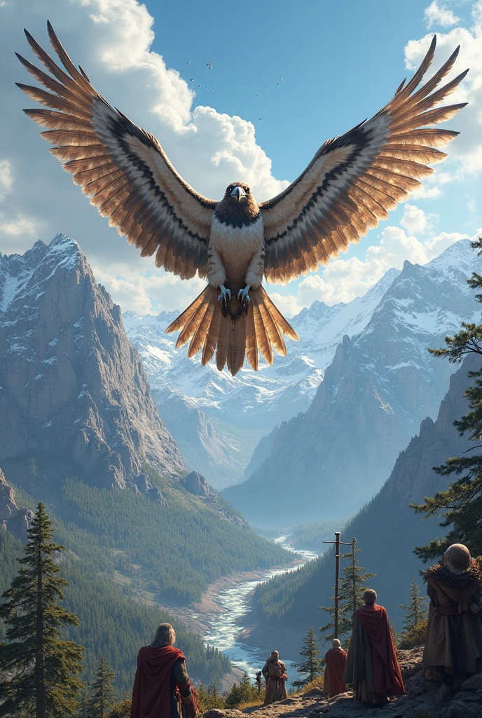 A powerful falcon soaring high in the sky, wings wide open against a ...