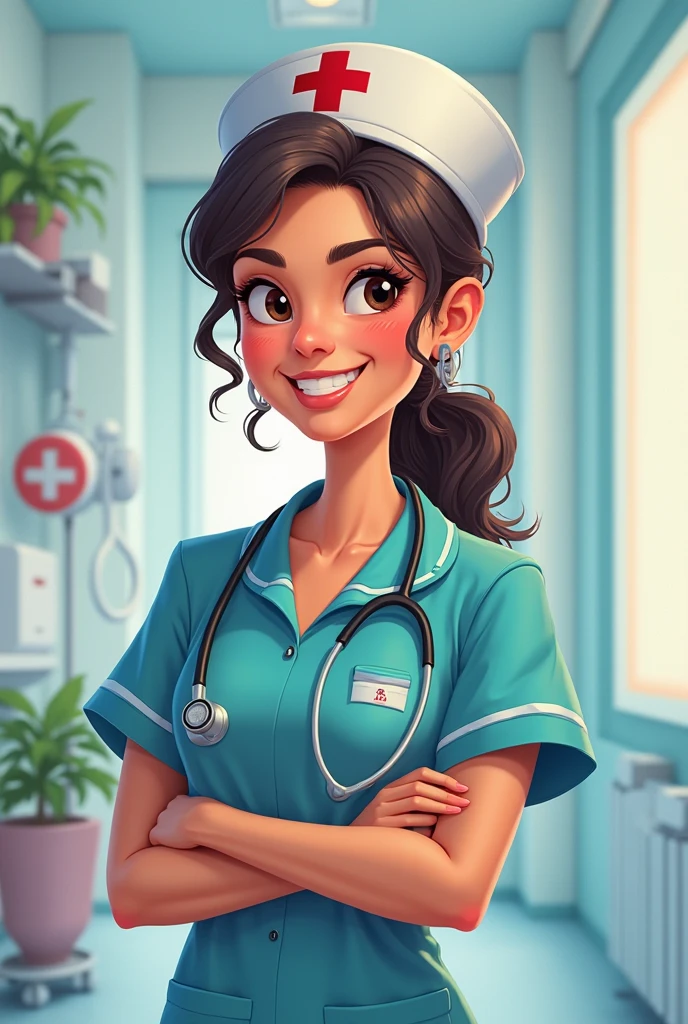 Nurse animated with Peruvian chuyo, In her uniform in color celes ...