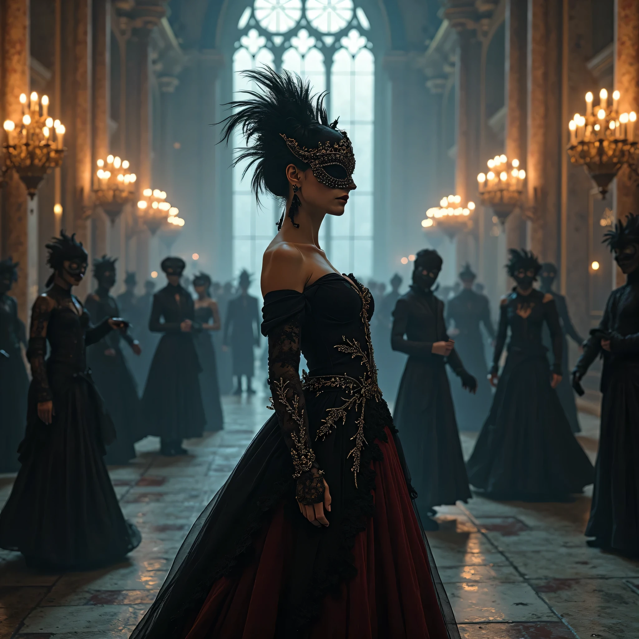 A hyper-detailed, ultra-realistic gothic masquerade ball inside a grand ...