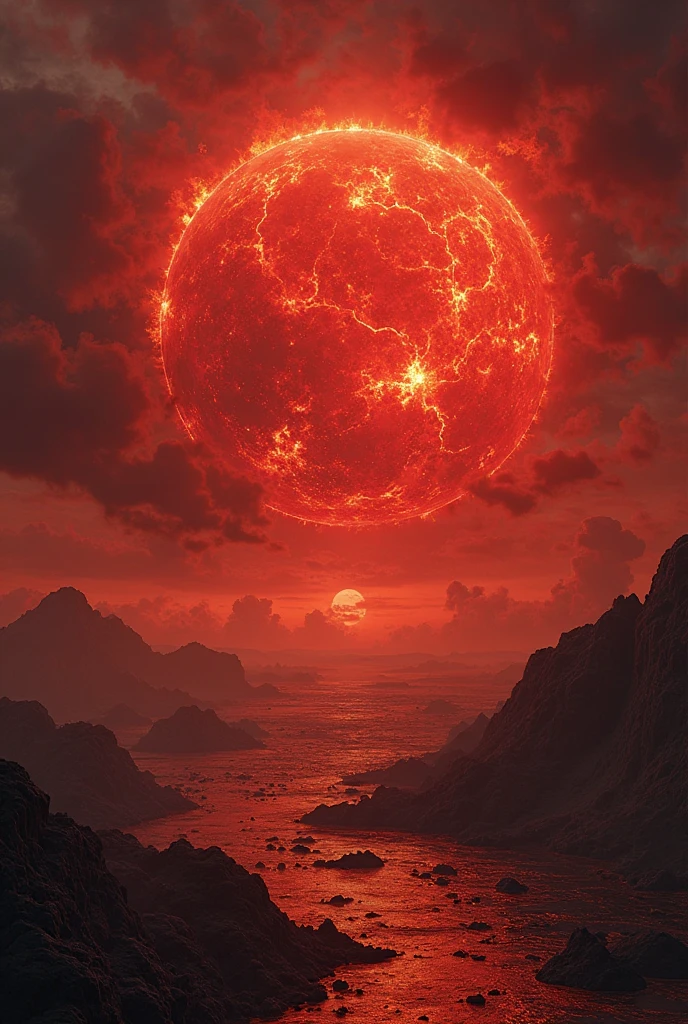 Generate an Ultra realistic red black blood sun burning so bright ...