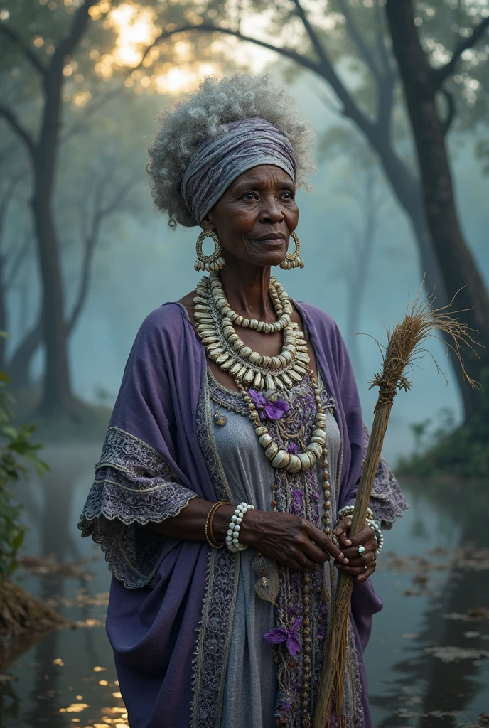 A cinematic, hyper-realistic portrait of Nanã, the ancient female Orixá of wisdo - SeaArt AI