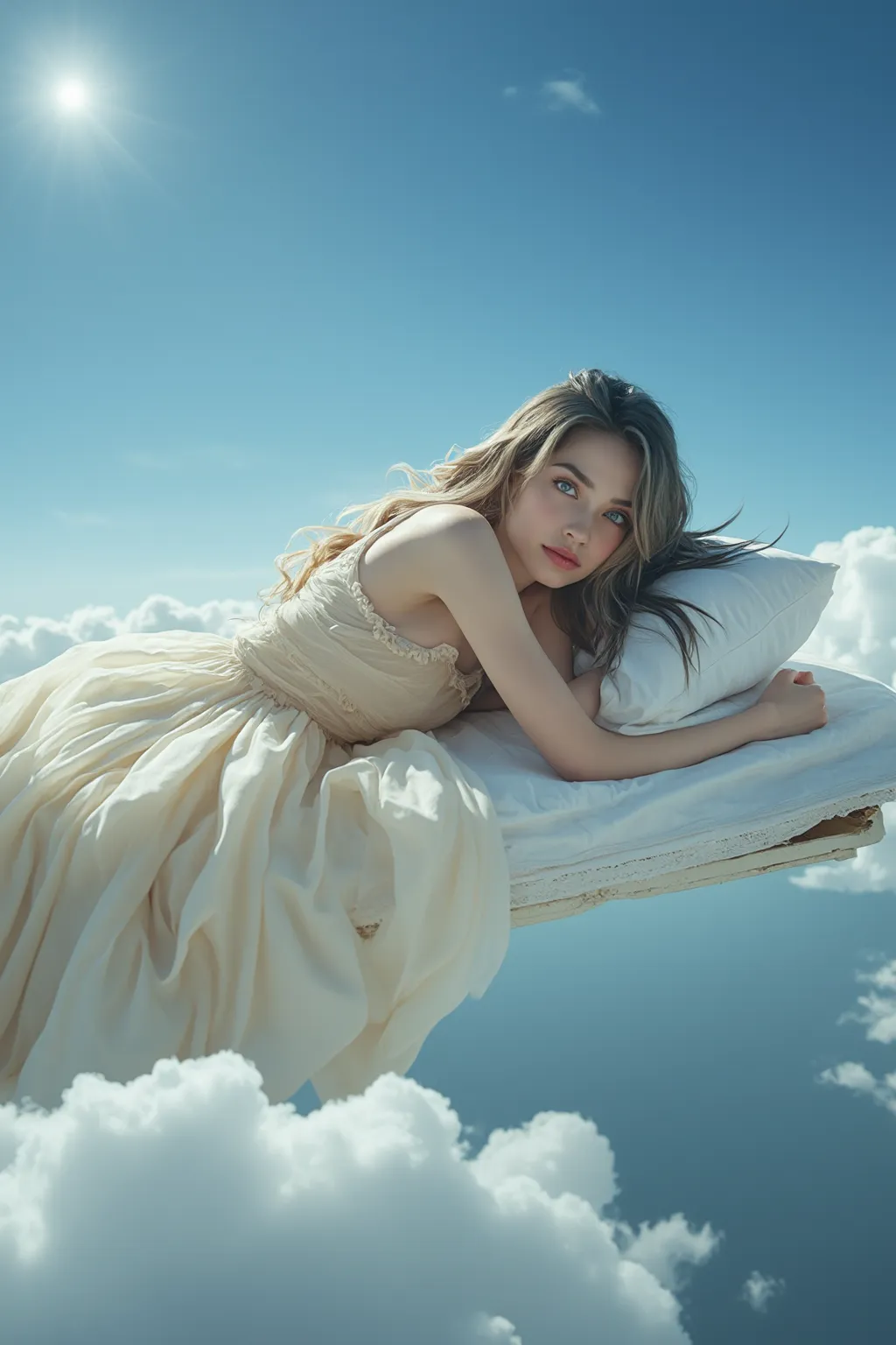 SeaArt AI | La chica en la cama volando en el cielo