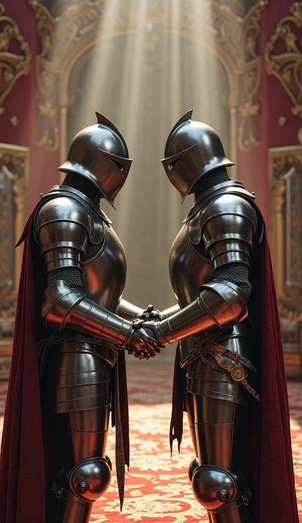 Two medieval knights in shining armor bowing with colorful friendship ...