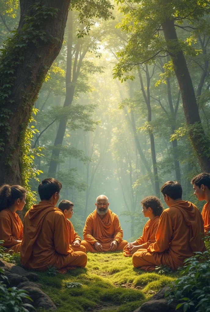 Swami Vivekanand in a forest with students - SeaArt AI