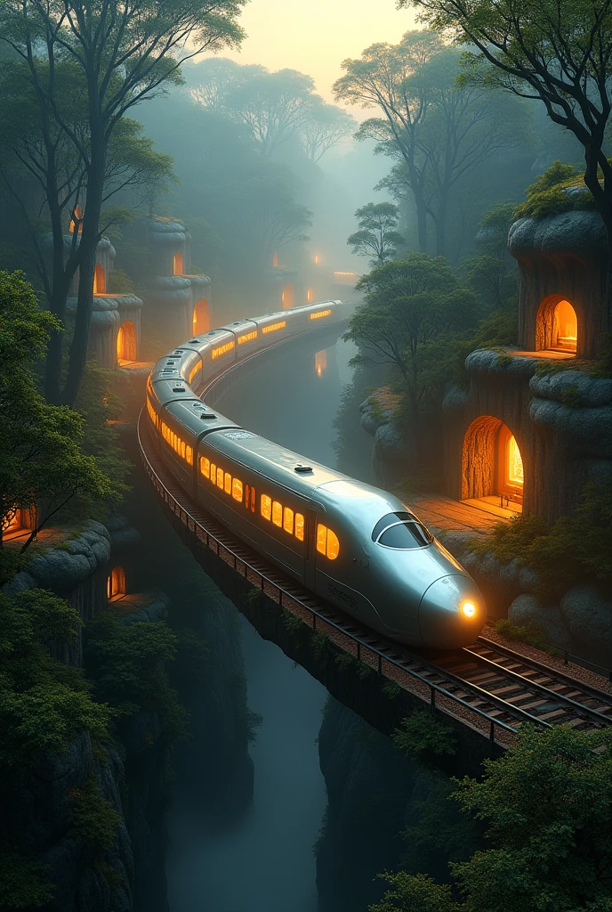 🚂 This breathtaking image presents a vision suspended between a lush ...