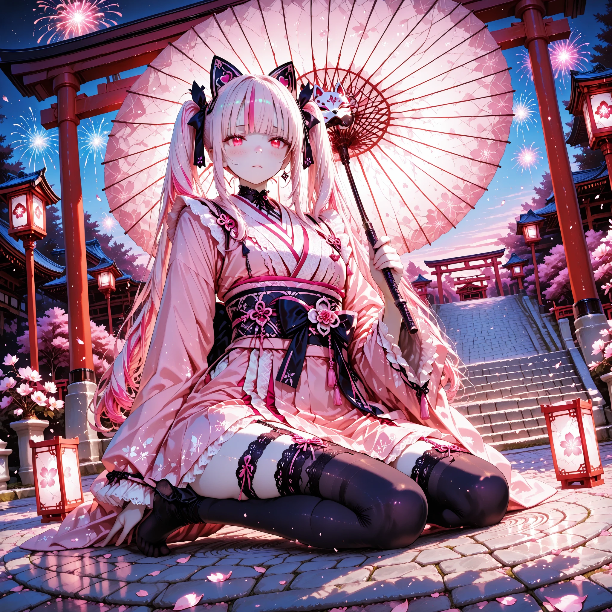 1girl, vivid magenta twin tails with straight bangs, vivid red eyes ...