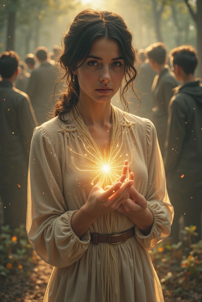 A realistic mystical scene. A young woman with dark brown hair and soft ...