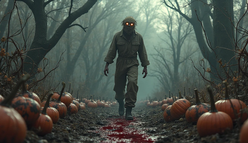 Maniac farmer, bloody jumpsuit, creepy burlap mask, burning eyes ...