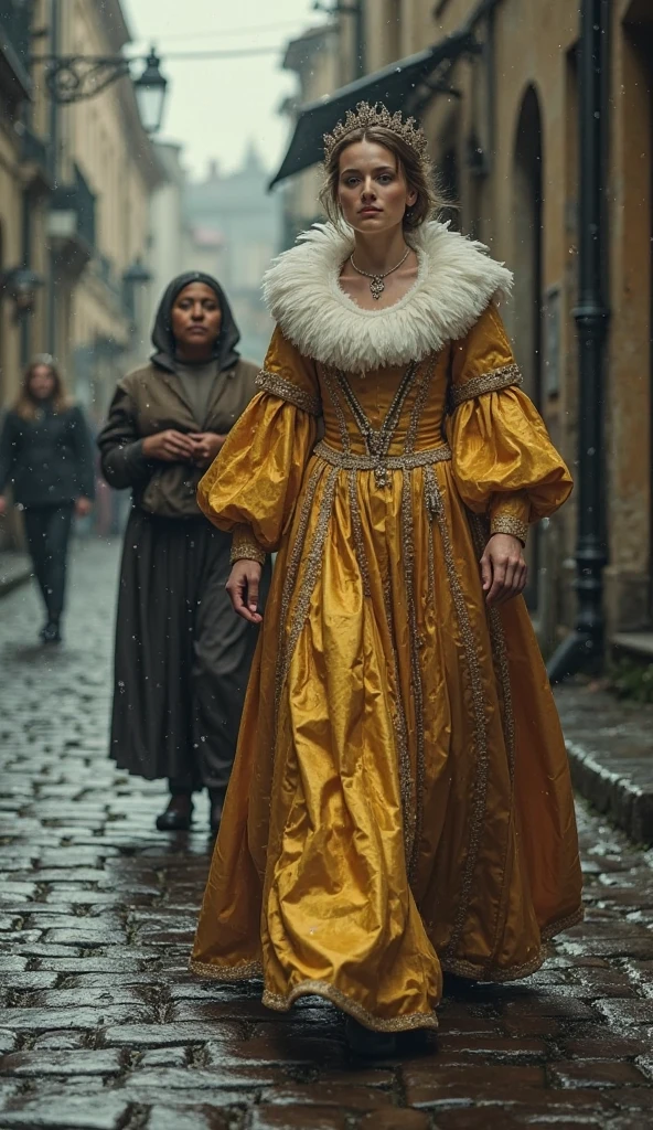A dramatic shot of a wealthy noblewoman in golden attire with a massive ...