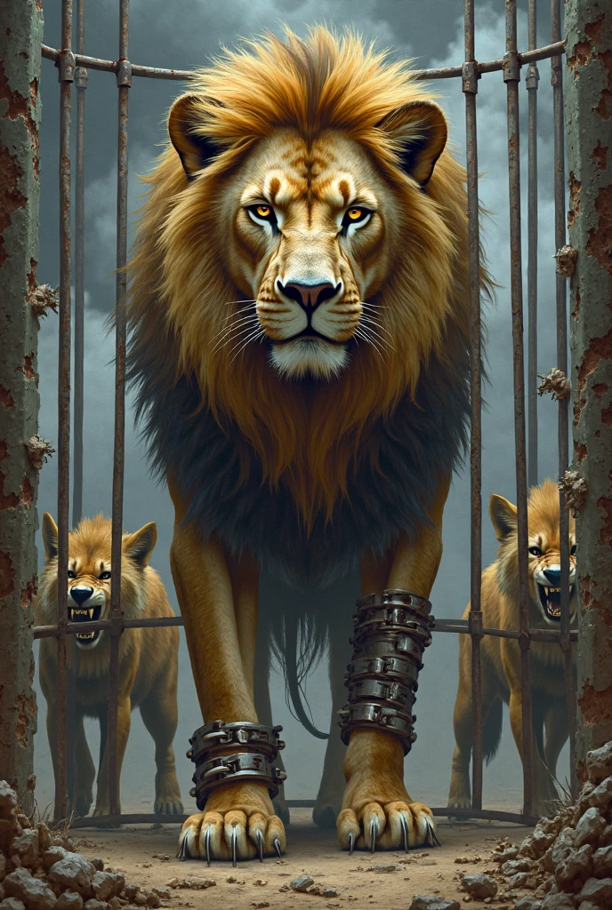 A picture of a wounded lion shackled inside a prison cage, and wild ...